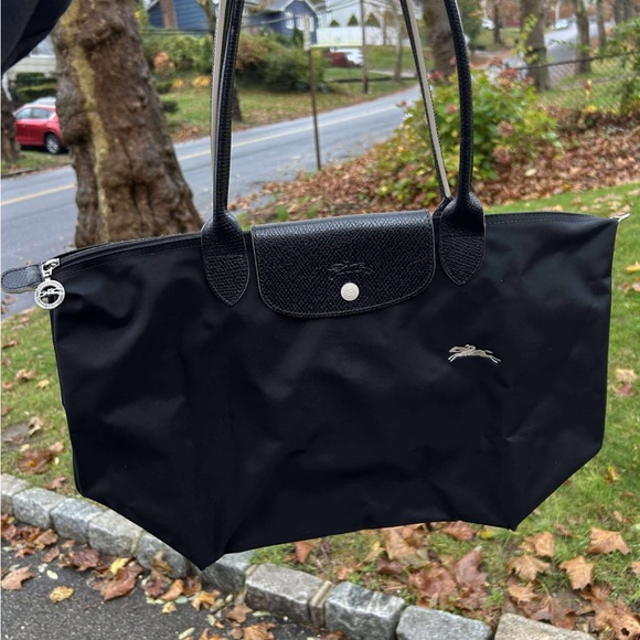 Longchamp | Bags | Longchamp Le Pliage Black And Cream Tote Bag With ...